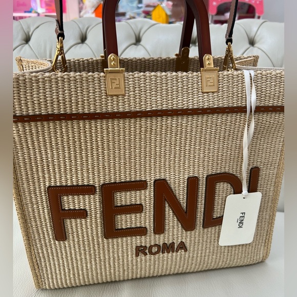 Fendi | Bags | Nwt Fendi Sunshine Medium Raffia Shoulder Tote Bag Leather | Poshmark